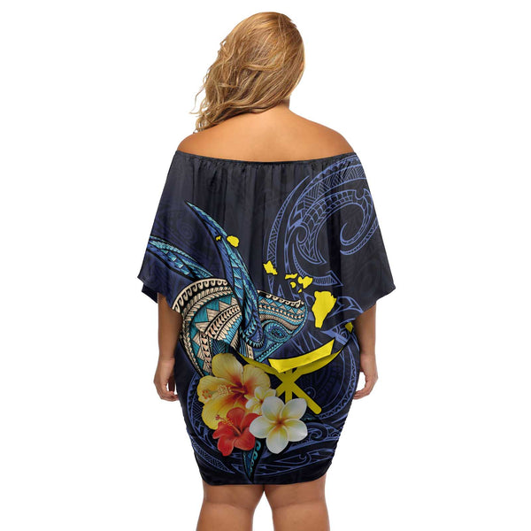 Hawaiian Whale and Kanaka Maoli Symbol Off Shoulder Short Dress ...
