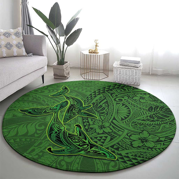 Hawaiian Whales Polynesian Art Motifs Round Carpet Green Color LT03