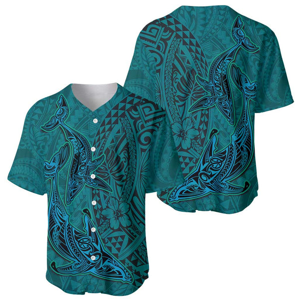 Hawaiian Whales Polynesian Art Motifs Baseball Jersey Turquoise Color LT03