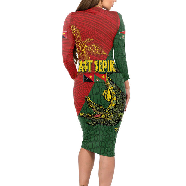 Sepik River Crocodile & Arts Festival Long Sleeve Bodycon Dress Bird-of ...
