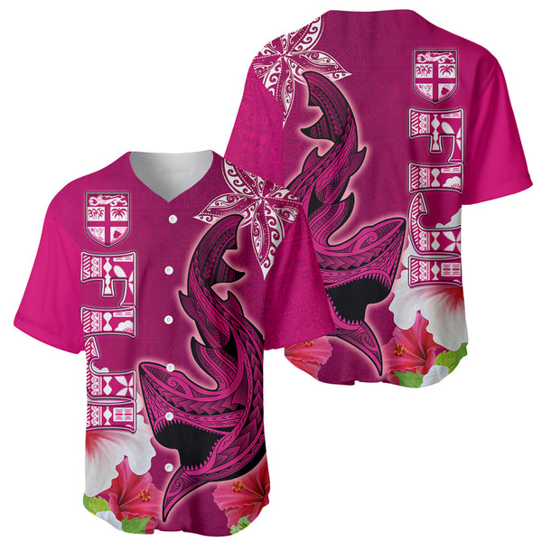 Polynesian Fiji Baseball Jersey Shark and Hibiscus Tapa Pattern Purple ...