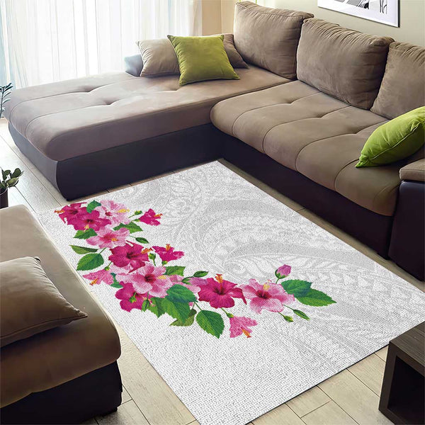 Hawaiian Hibiscus and Art Polynesian Tattoo Area Rug White Color LT03