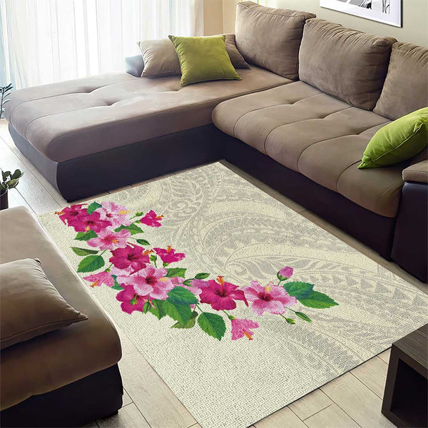 Hawaiian Hibiscus and Art Polynesian Tattoo Area Rug Beige Color LT03
