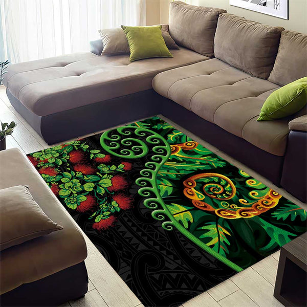 New Zealand Koru Plants and Pohutukawa Area Rug Maori Tattoo Pattern LT03