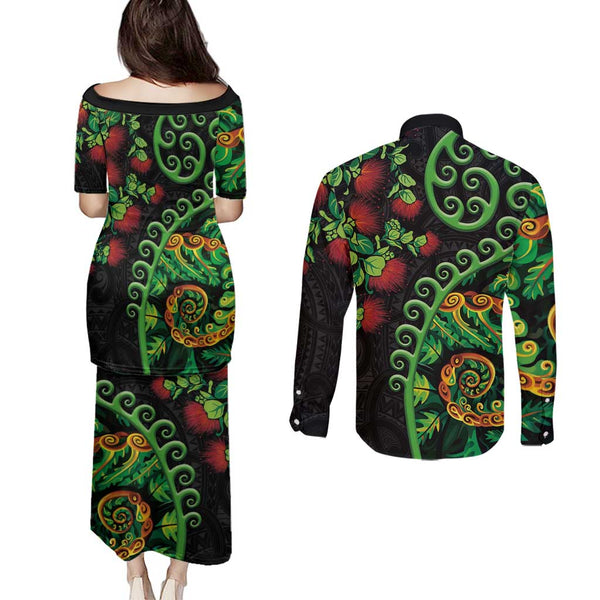 New Zealand Koru Plants and Pohutukawa Couples Matching Puletasi and Long Sleeve Button Shirt ...