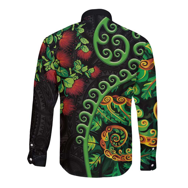 New Zealand Koru Plants and Pohutukawa Long Sleeve Button Shirt Maori Tattoo Pattern LT03