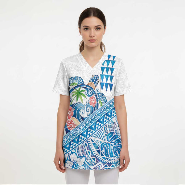 Hawaiian Abstract Sea Turtle Scrub Top Polynesian Tapa Art and Kakau ...
