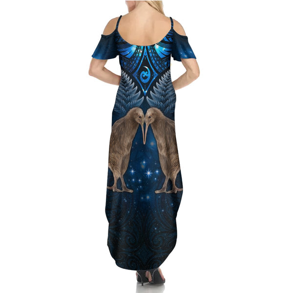 New Zealand Maori Matariki Summer Maxi Dress Hongi Kiwi Bird and Silver ...