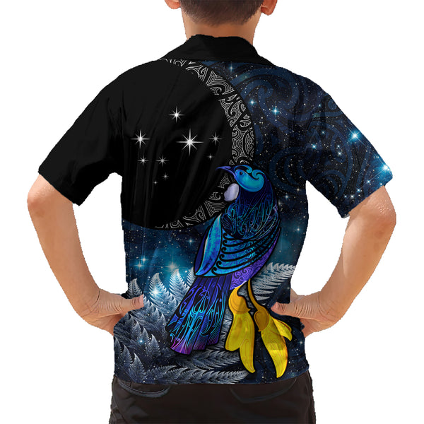 New Zealand Tui Bird Matariki Kid Hawaiian Shirt Galaxy Fern With Maori ...
