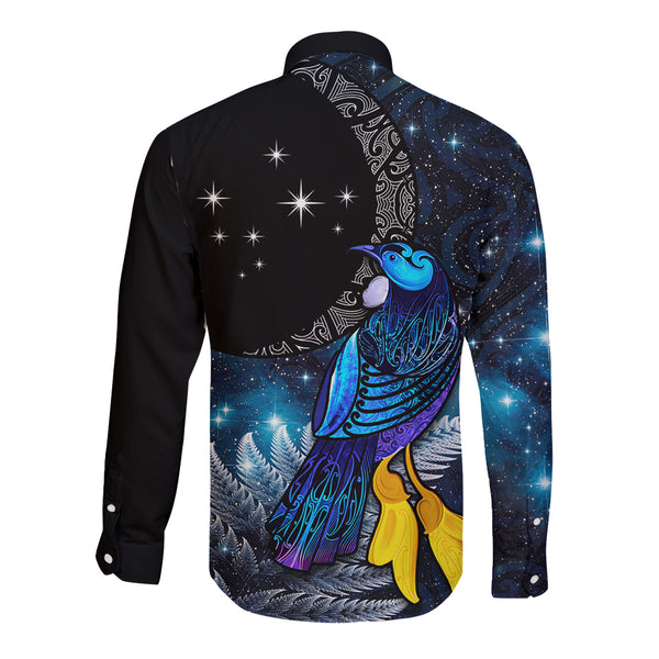 New Zealand Tui Bird Matariki Long Sleeve Button Shirt Galaxy Fern With ...