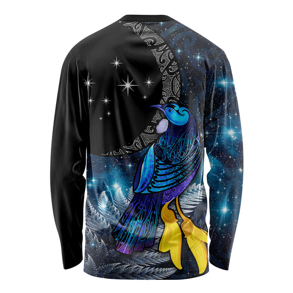New Zealand Tui Bird Matariki Long Sleeve Shirt Galaxy Fern With Maori ...