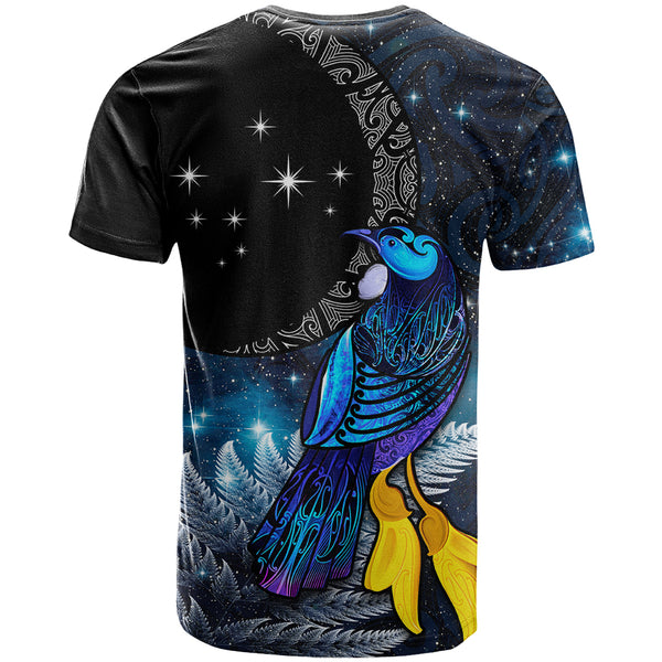 New Zealand Tui Bird Matariki T Shirt Galaxy Fern With Maori Pattern LT03