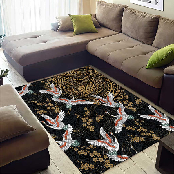 Hawaii and Japanese Together Area Rug Cranes Birds with Kakau Pattern LT03