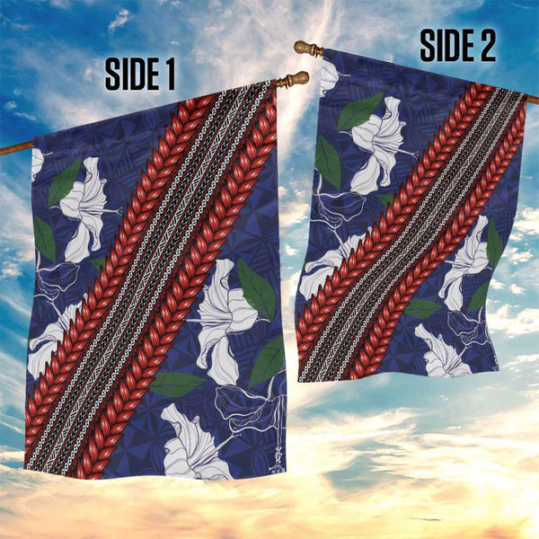 Samoan Culture Garden Flag Hibiscus and Ula Fala with Tapa Pattern Blue ...