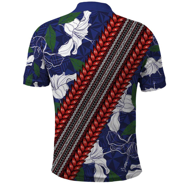 Samoan Culture Polo Shirt Hibiscus and Ula Fala with Tapa Pattern Blue ...