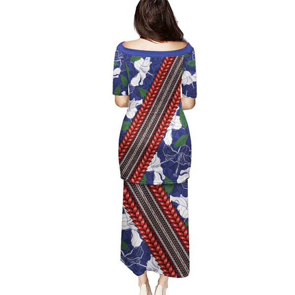 Samoan Culture Puletasi Hibiscus and Ula Fala with Tapa Pattern Blue ...
