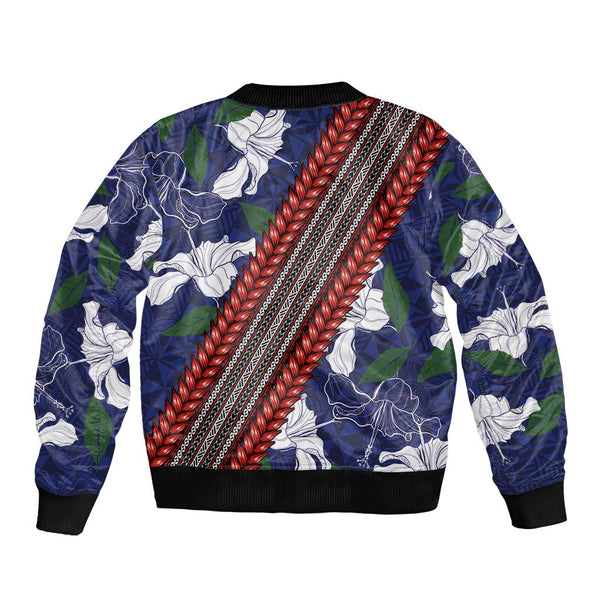 Samoan Culture Sleeve Zip Bomber Jacket Hibiscus and Ula Fala with Tapa ...