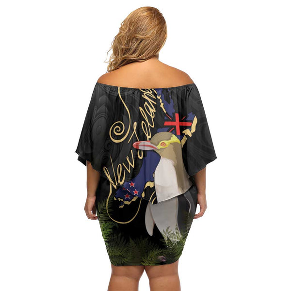 New Zealand Hoiho Off Shoulder Short Dress Maori Art Tattoo and Silver ...