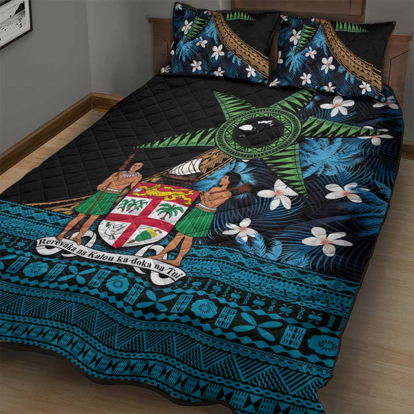 Fiji Day Quilt Bed Set Palm Tree With Plumeria Tapa Tribal Pattern LT03