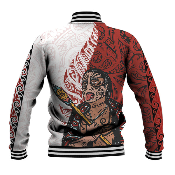 Maori Warrior Baseball Jacket Silver Fern New Zealand Map With Kowhaiwhai Pattern LT03