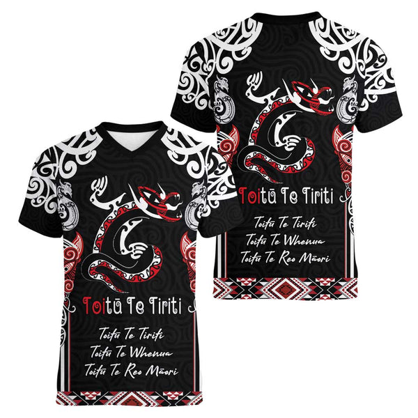 Aotearoa Toitu Te Tiriti-Maori Taniwha Women V-Neck T-Shirt Toitu Te ...