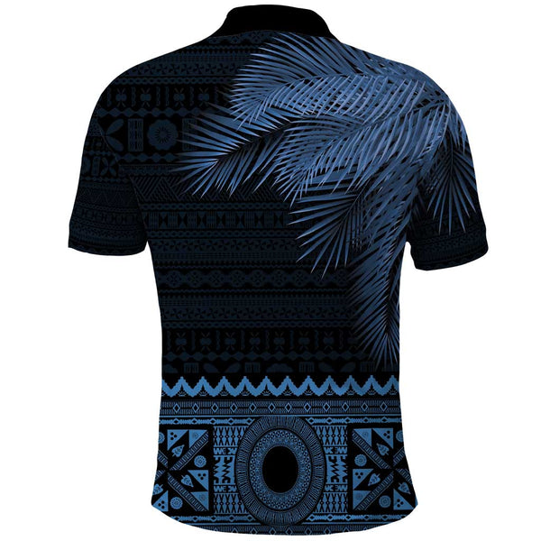 Fiji Palm Leaves Polo Shirt Masi and Tapa Tribal Pattern Blue Color LT03