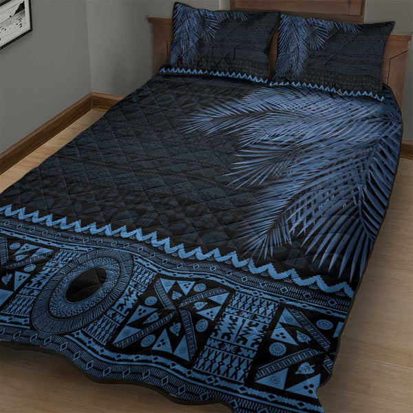 Fiji Palm Leaves Quilt Bed Set Masi and Tapa Tribal Pattern Blue Color LT03