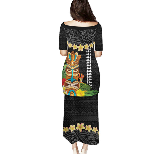 Hawaii Plumeria Lei Puletasi Tiki and Kakau Pattern Black Color LT03