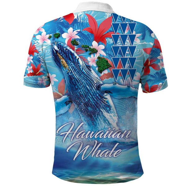 Hawaiian Waves Whale Polo Shirt Kakau Art and Tropical Red Hibiscus ...