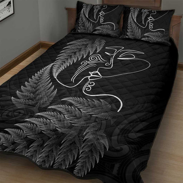 New Zealand Valentine's Day Quilt Bed Set Silver Fern and Line Art Love ...