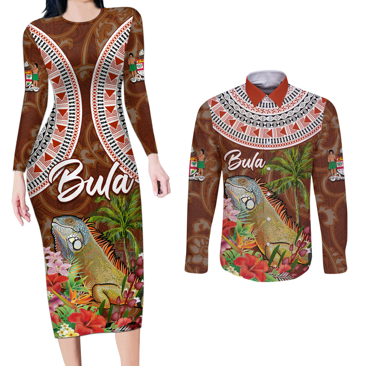 Bula Fiji Crested Iguana Couples Matching Long Sleeve Bodycon Dress and ...