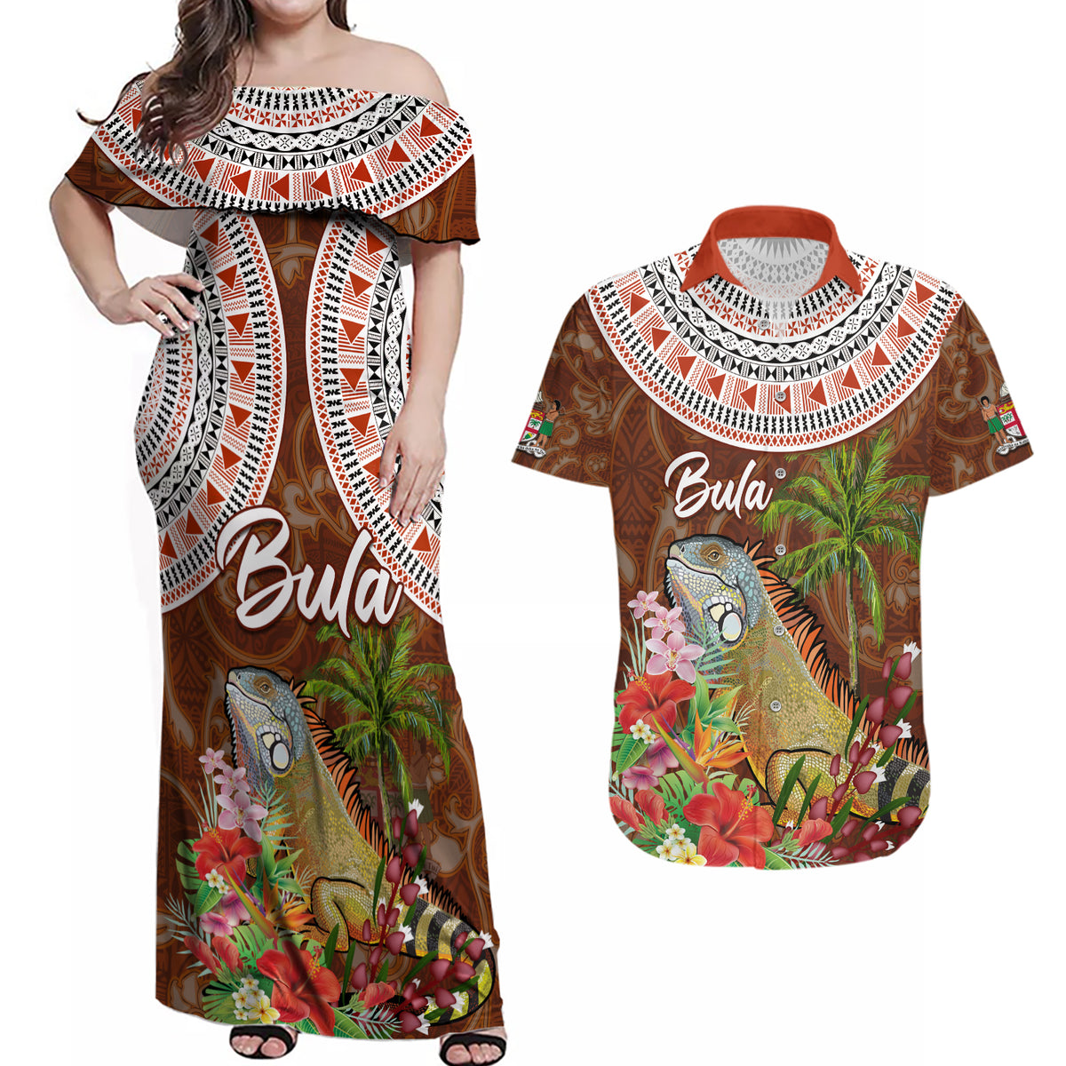 Bula Fiji Crested Iguana Couples Matching Off Shoulder Maxi Dress and ...