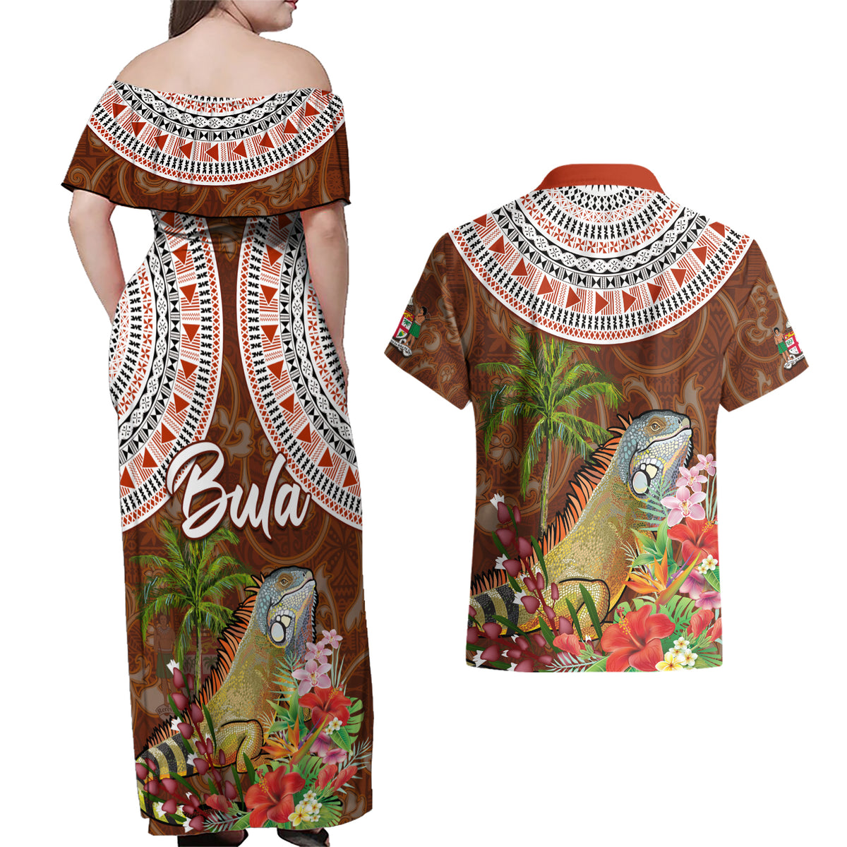 Bula Fiji Crested Iguana Couples Matching Off Shoulder Maxi Dress and ...