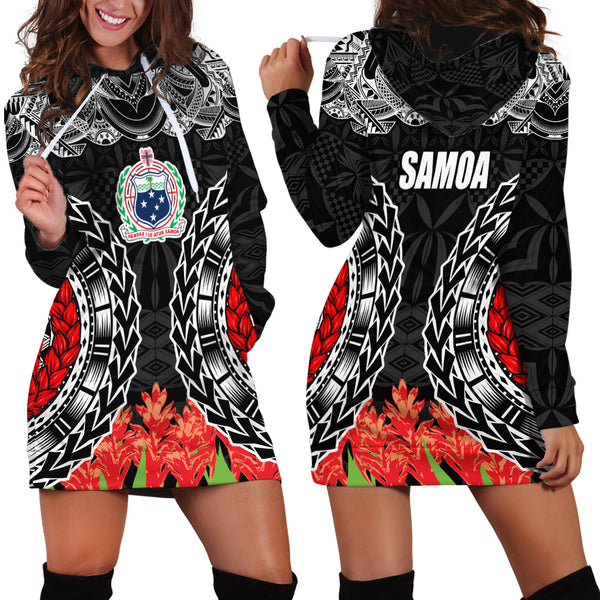 Samoa Siapo Ula Fala Hoodie Dress With Ginger Plant Black Color LT03