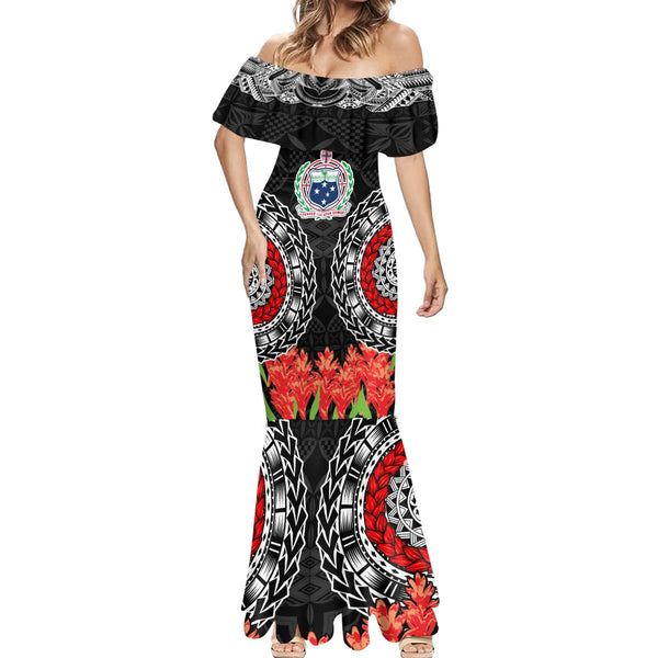 Samoa Siapo Ula Fala Mermaid Dress With Ginger Plant Black Color LT03