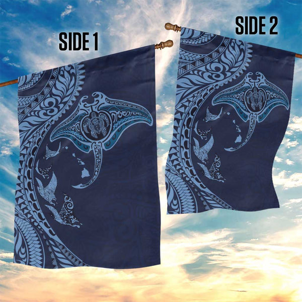 Hawaiian Manta Ray and Polynesian Tribal Tattoo Garden Flag Dark Navy ...