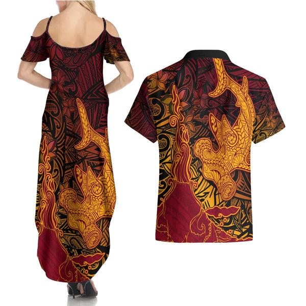 Hawaiian Volcano and Shark Couples Matching Summer Maxi Dress and ...