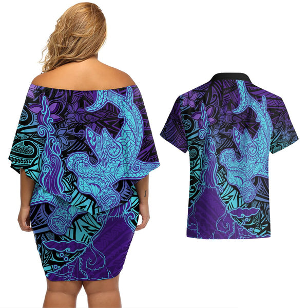 Hawaiian Volcano and Shark Couples Matching Off Shoulder Short Dress ...