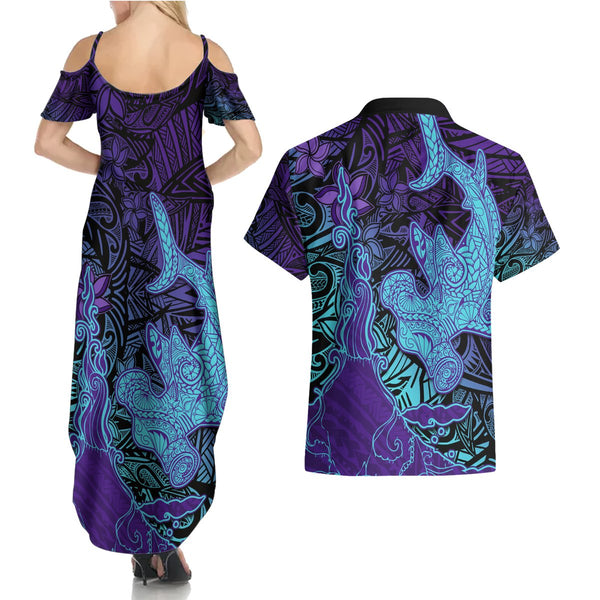 Hawaiian Volcano and Shark Couples Matching Summer Maxi Dress and ...