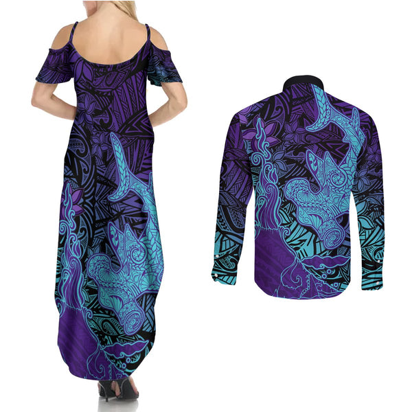 Hawaiian Volcano and Shark Couples Matching Summer Maxi Dress and Long ...