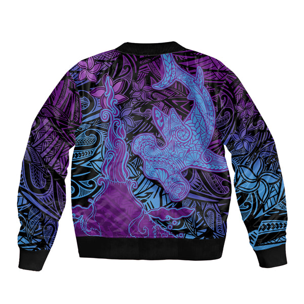 Hawaiian Volcano and Shark Sleeve Zip Bomber Jacket Polynesian and ...