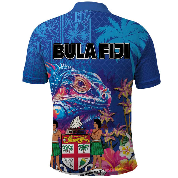 Fiji Bula Polo Shirt Tropical Plants with Palm Tree and Iguana Colorful ...