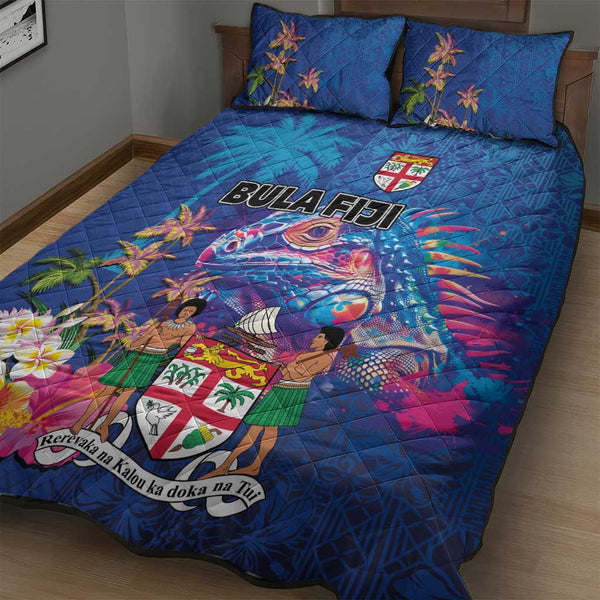 Fiji Bula Quilt Bed Set Tropical Plants with Palm Tree and Iguana ...