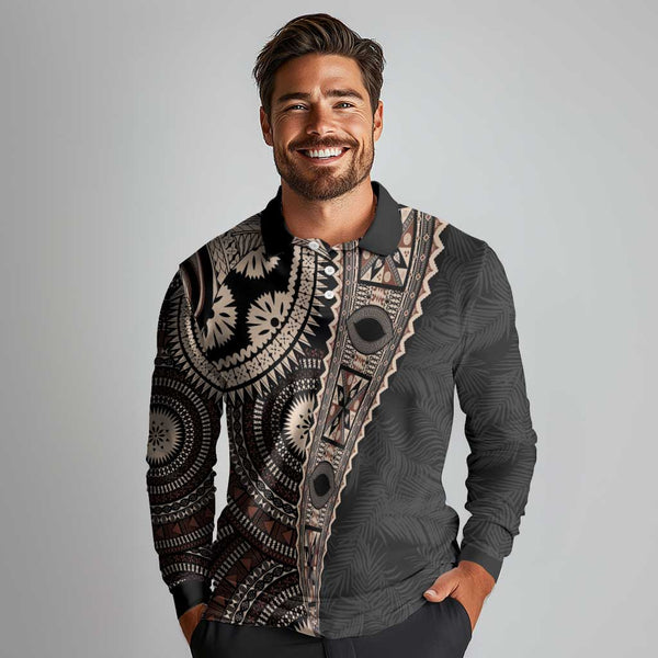 Fiji Traditional Masi Long Sleeve Polo Shirt Tapa Art Palm Leaves ...