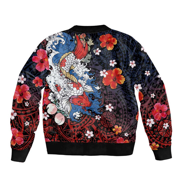 Hawaiian and Japanese Together Bomber Jacket Hibiscus and Koi Fish ...