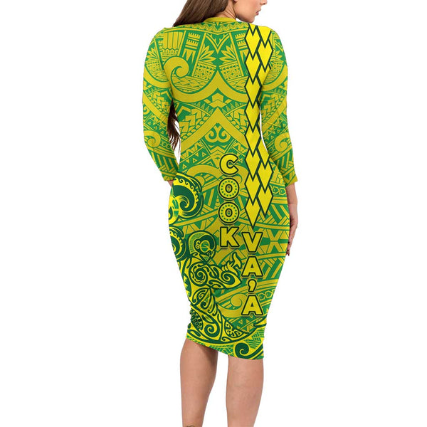 Cook Islands Va'a Polynesian Art Tattoo Long Sleeve Bodycon Dress ...