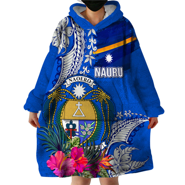 Personalised Nauru Coat of Arms Wearable Blanket Hoodie Tropical Flower ...