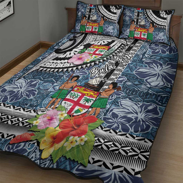 Fiji Day Quilt Bed Set Traditional Tapa with Hibiscus and Emblems LT03