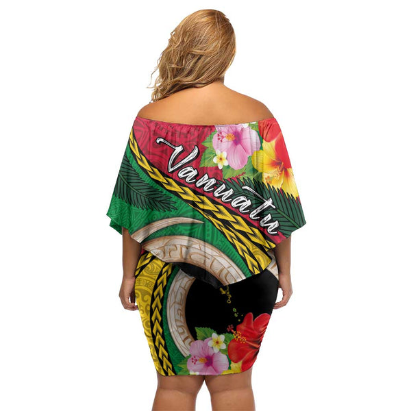 Vanuatu Tribal Boar Tusk Off Shoulder Short Dress Tropical Plants with ...
