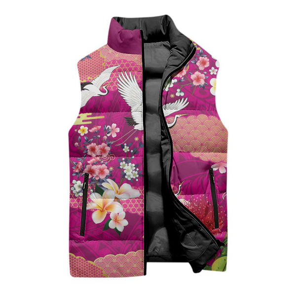 Hawaiian and Japanese Culture Together Sleeveless Puffer Jacket Pink ...